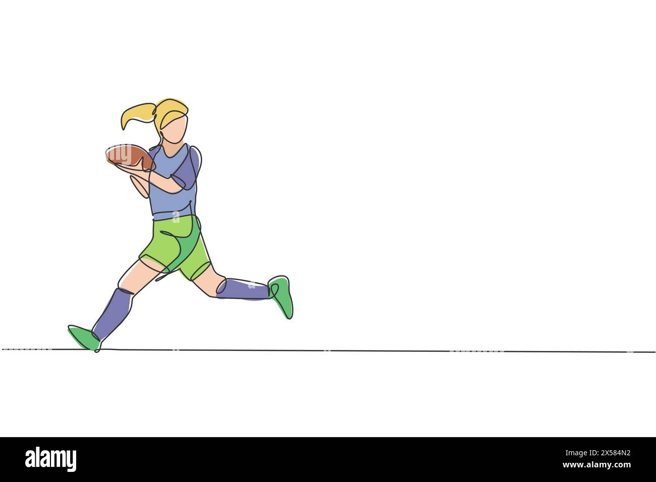 One continuous line drawing young rugby player run and catch the ball. Competitive aggressive ...