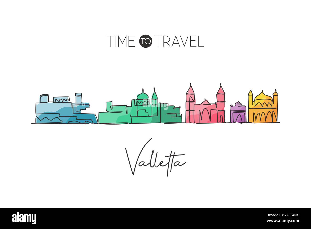 Single continuous line drawing Valletta skyline, Malta. Famous city ...