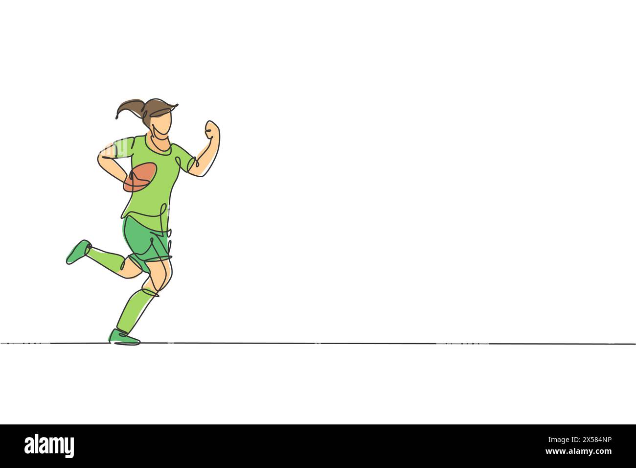One single line drawing of young energetic rugby player running and holding the ball vector ...