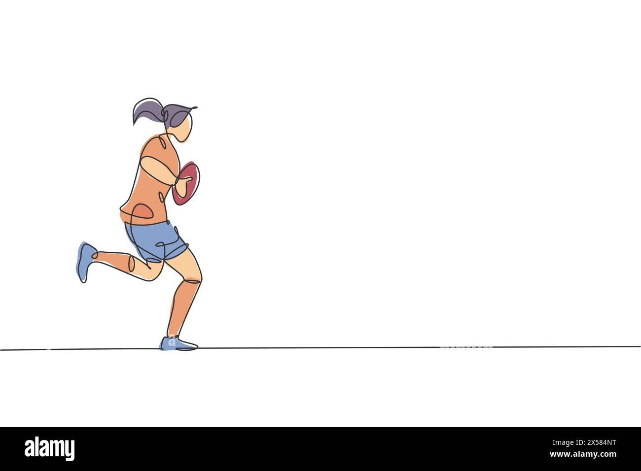 Single continuous line drawing of young agile rugby player running and holding the ball ...