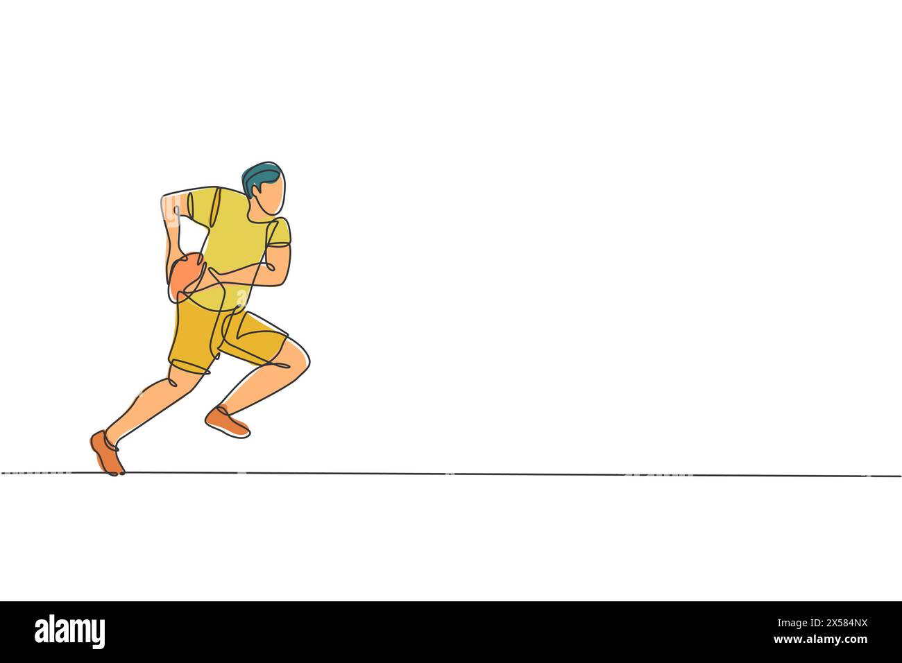 One continuous line drawing of young rugby player catch and defend the ...