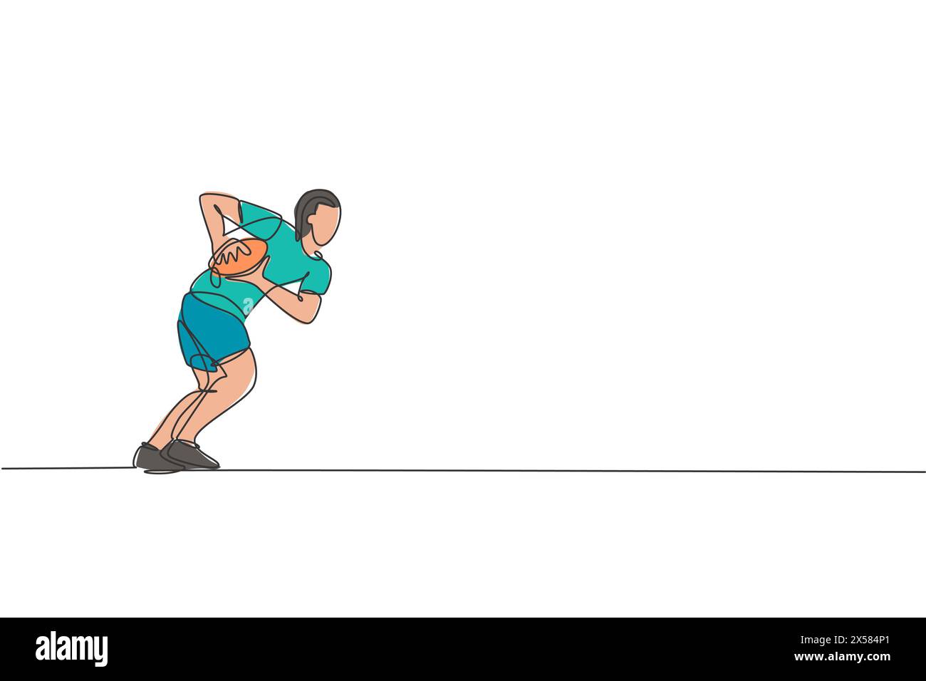 Single continuous line drawing young agile rugby player run defending ...