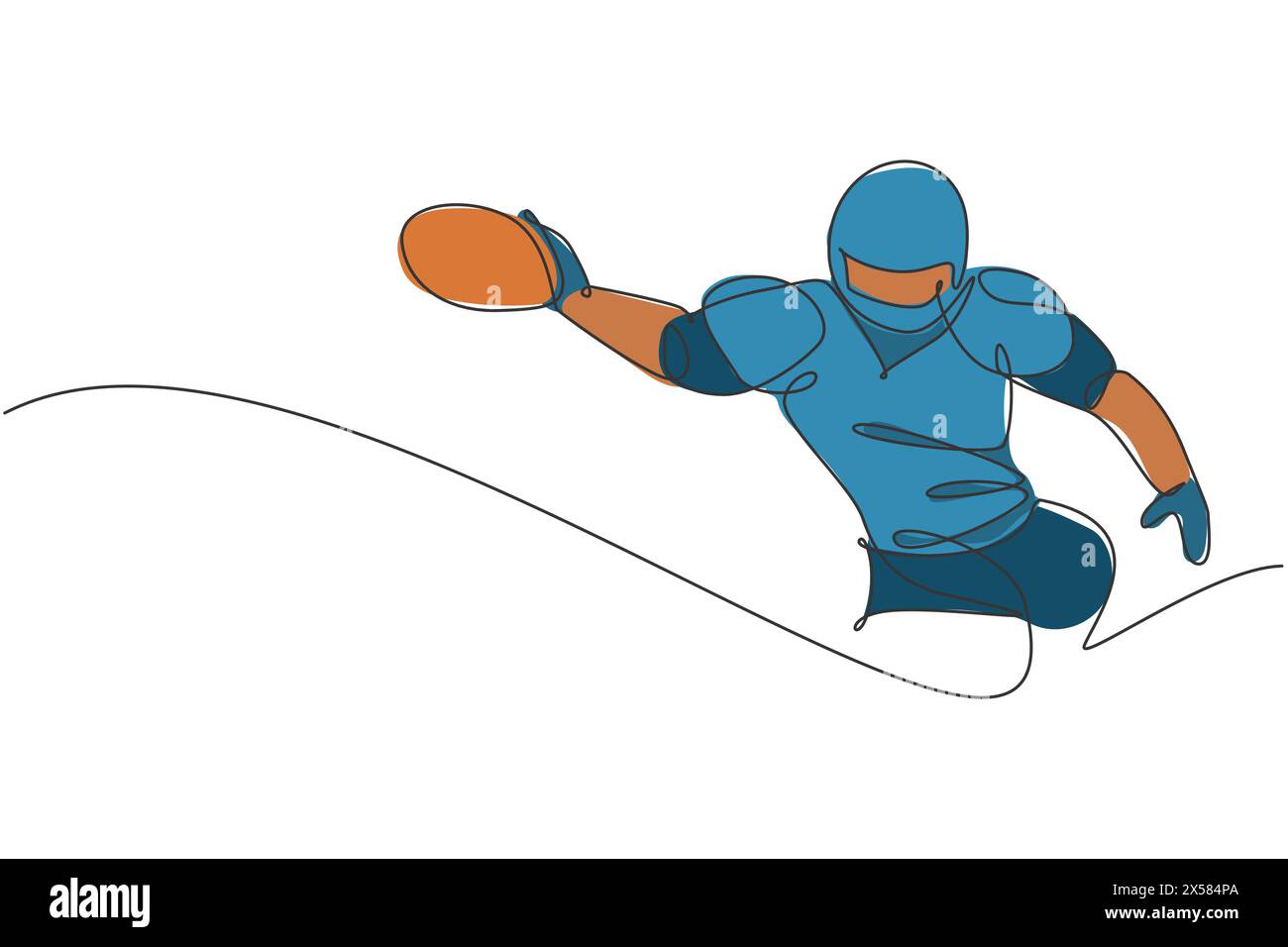 One single line drawing of young energetic man american football player jump to catch the ball ...