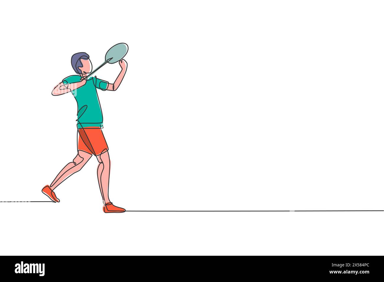 One continuous line drawing of young badminton player ready to hit ...