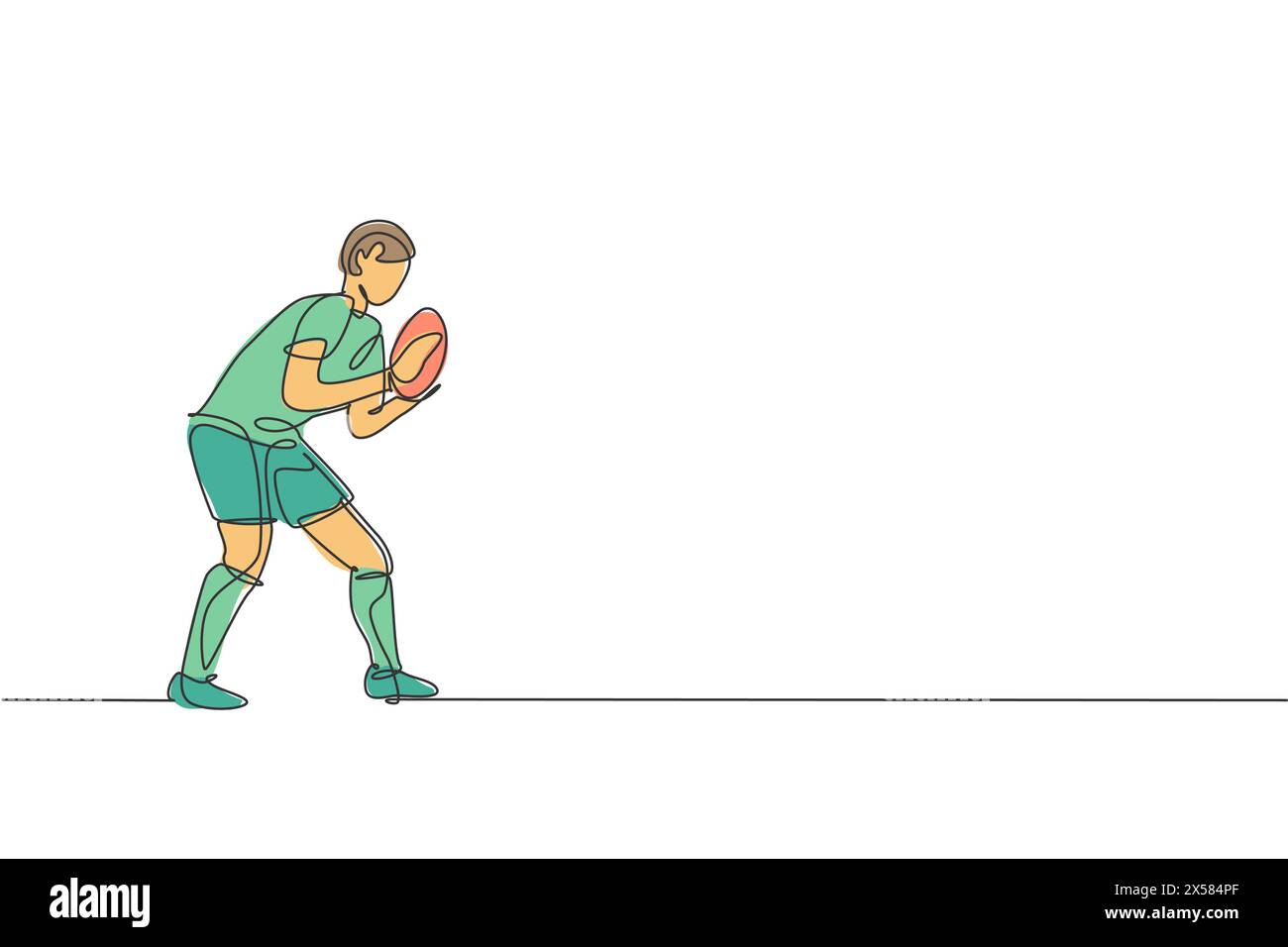 One continuous line drawing of young man rugby player catch the ball at ...