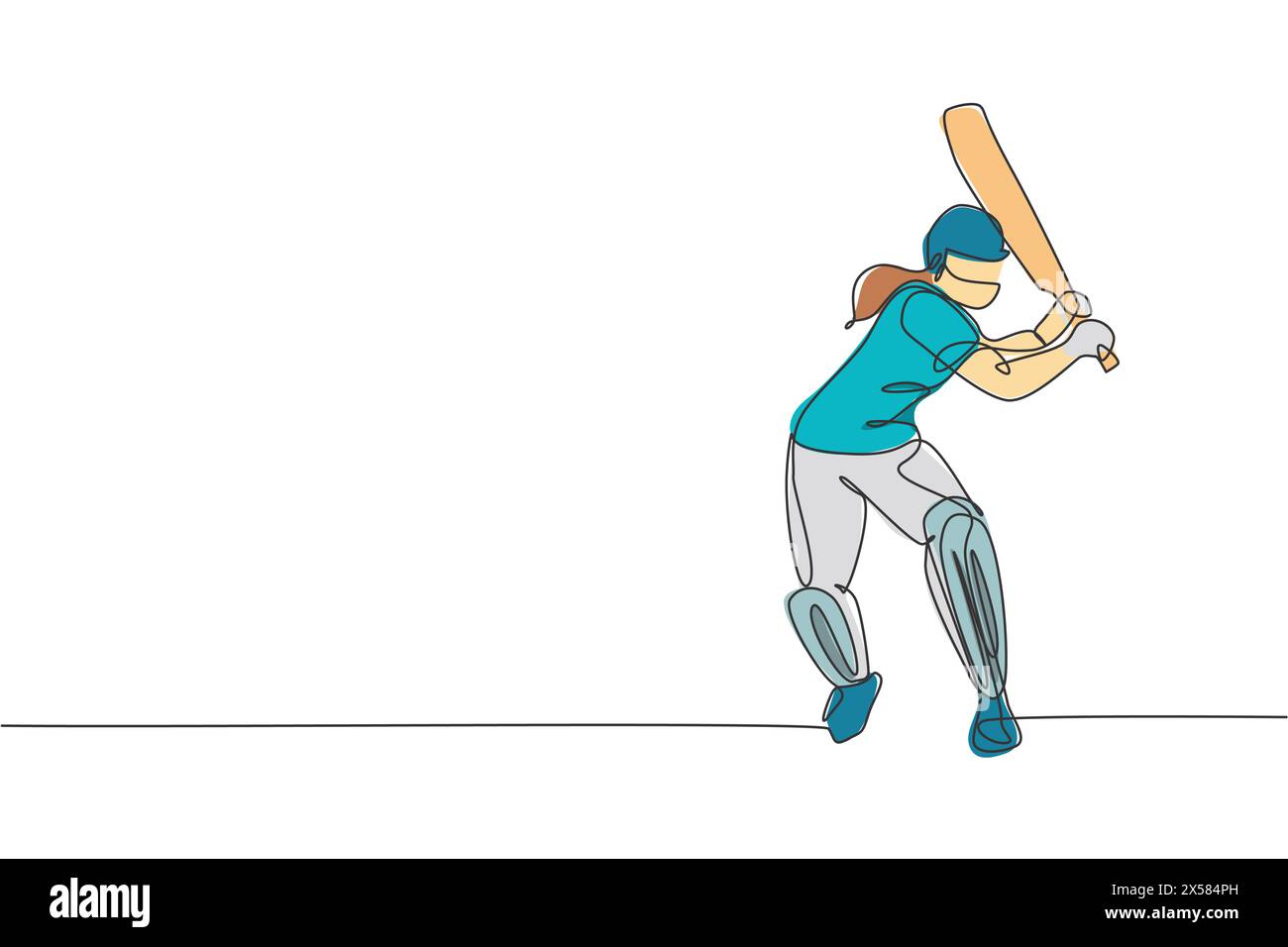 Single continuous line drawing of young agile woman cricket player ...