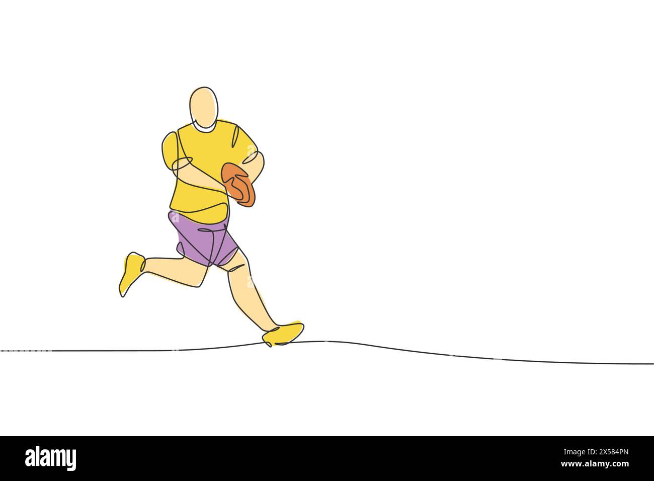 One continuous line drawing of young strong male rugby player catch the ...