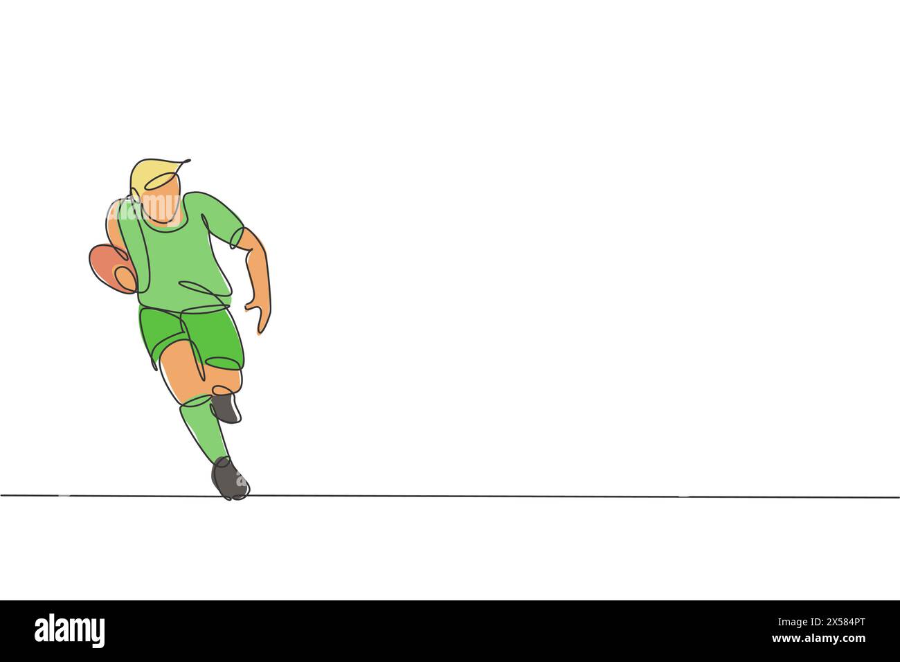 Single continuous line drawing of young agile rugby player running to ...