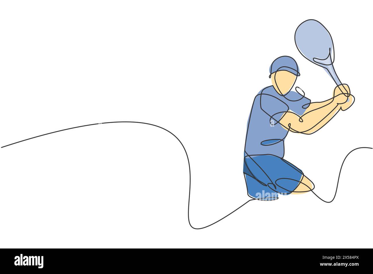 One single line drawing young energetic male tennis player hit the ball graphic vector ...