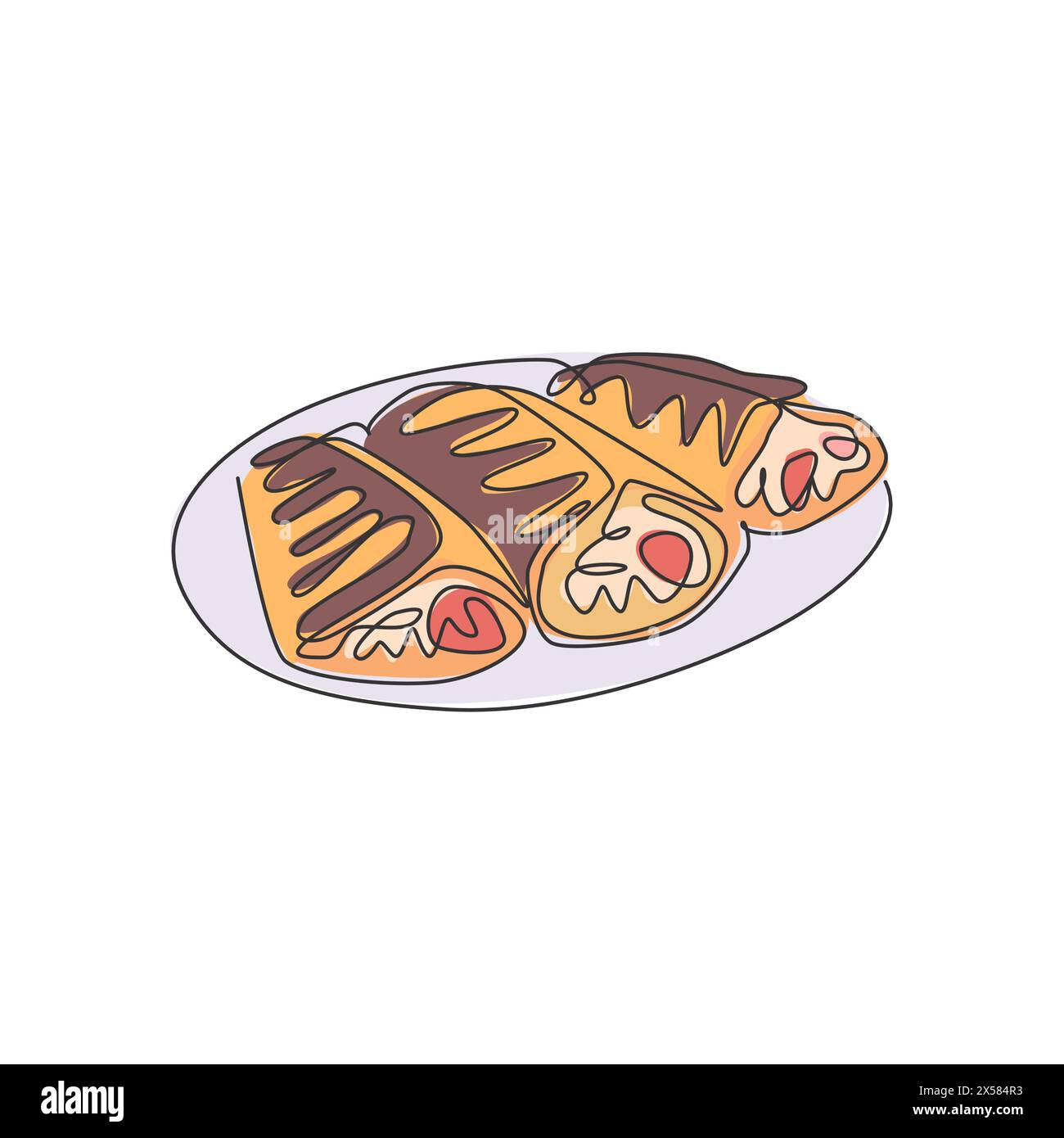 One single line drawing of fresh crispy crepes on plate logo vector ...