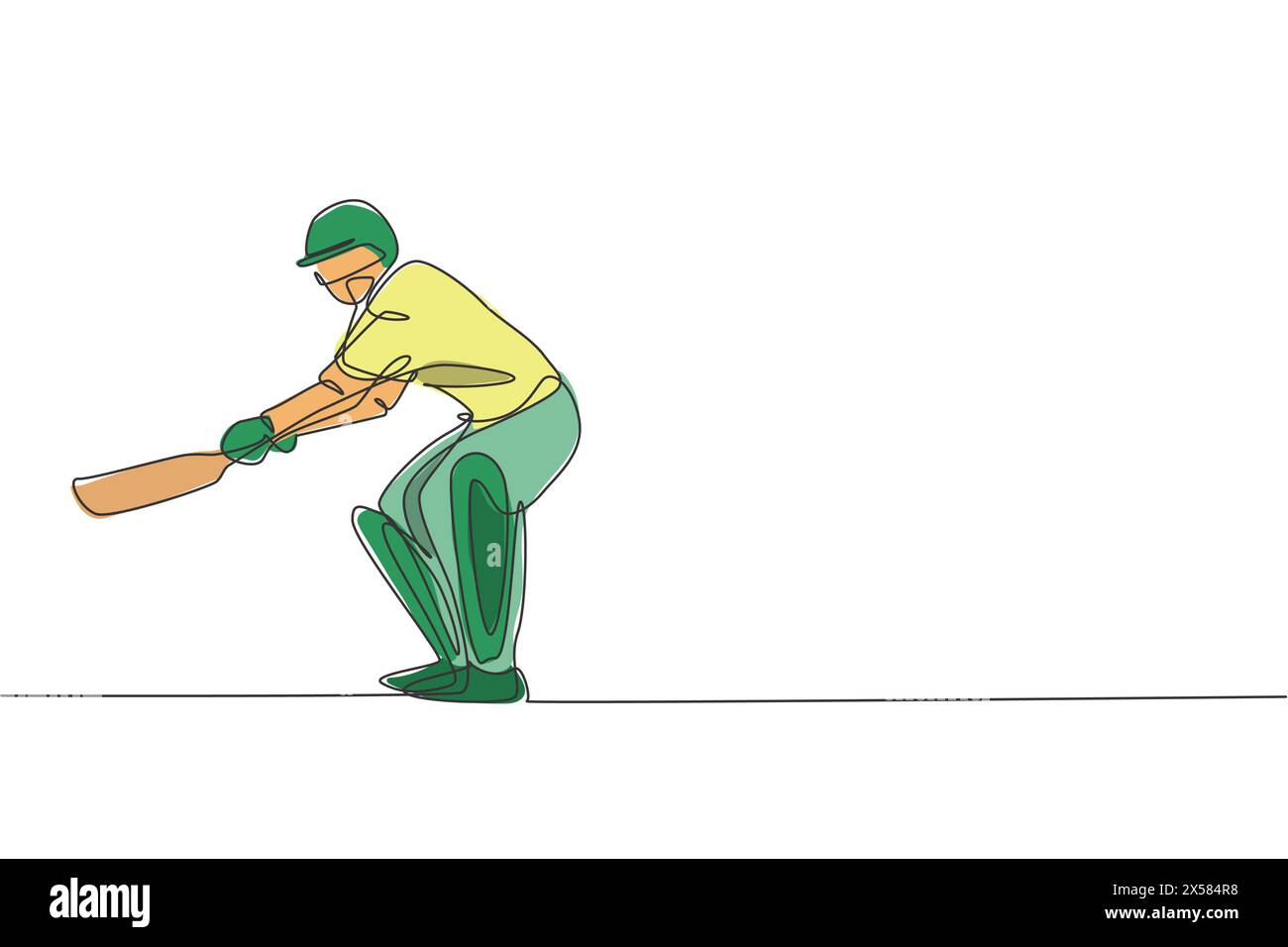 Single continuous line drawing young agile man cricket player practice ...
