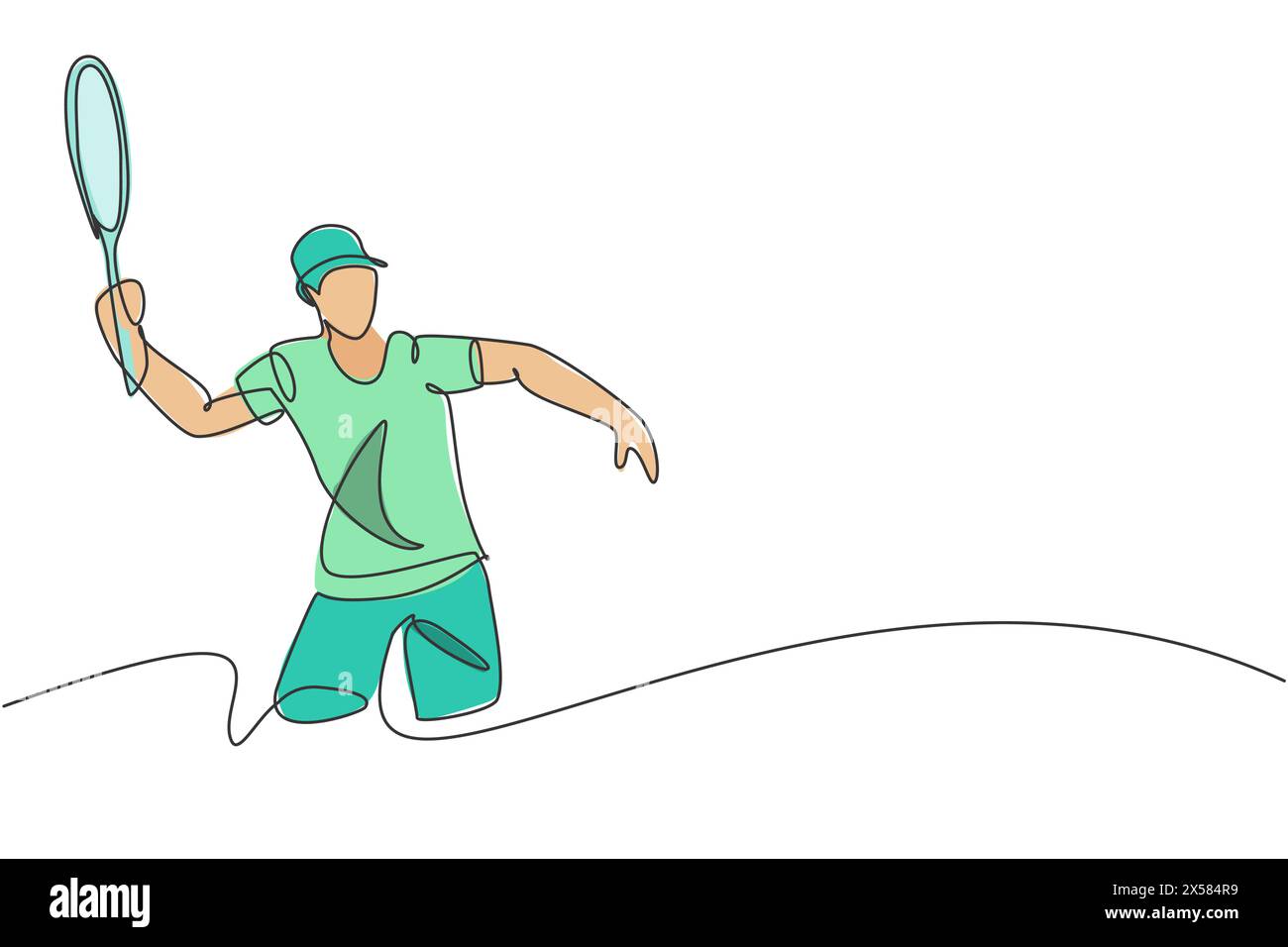 One single line drawing of young energetic male tennis player hit the ...