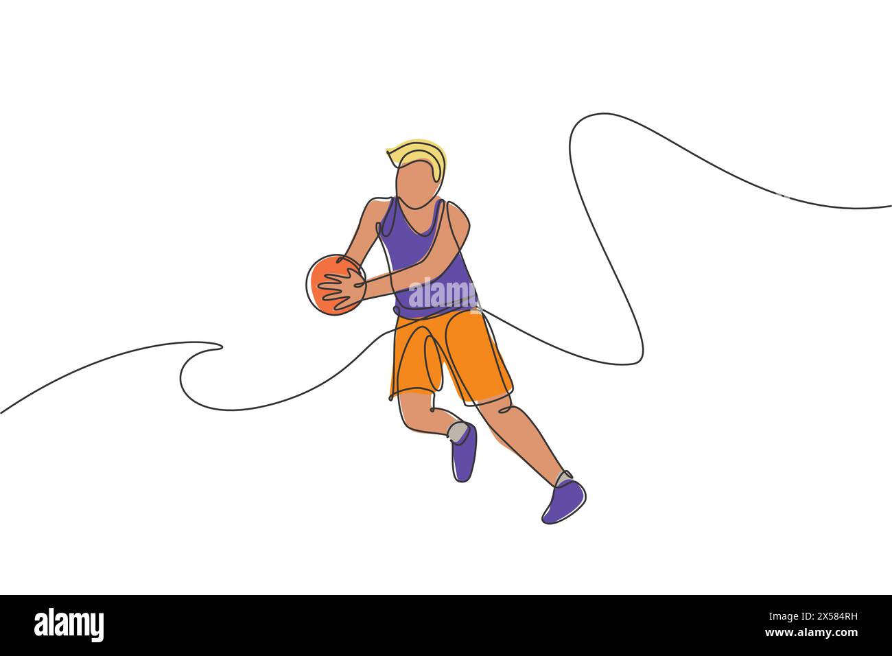 One single line drawing of young energetic basketball male player ...