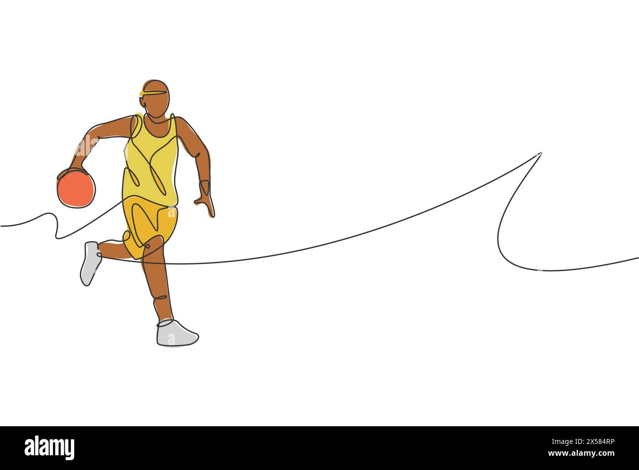 One single line drawing of young energetic basketball player running ...