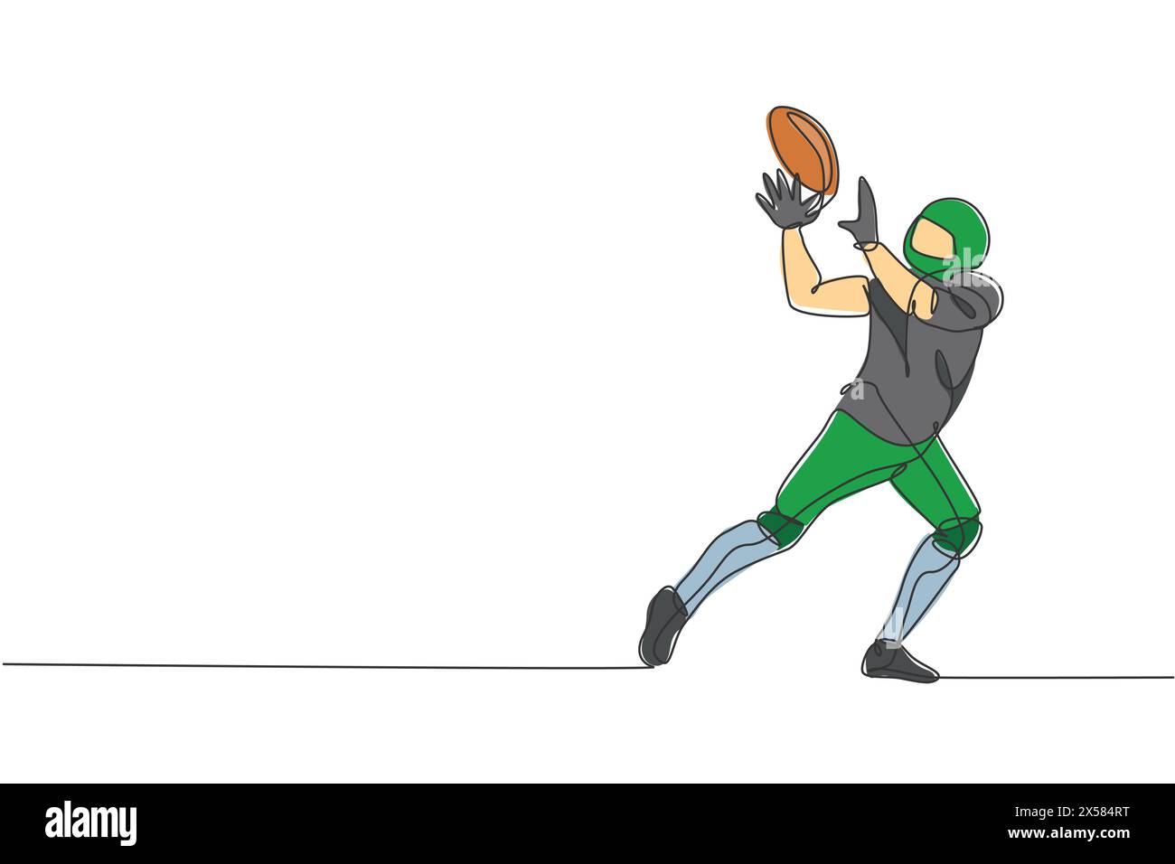 One continuous line drawing young american football player catch the ...