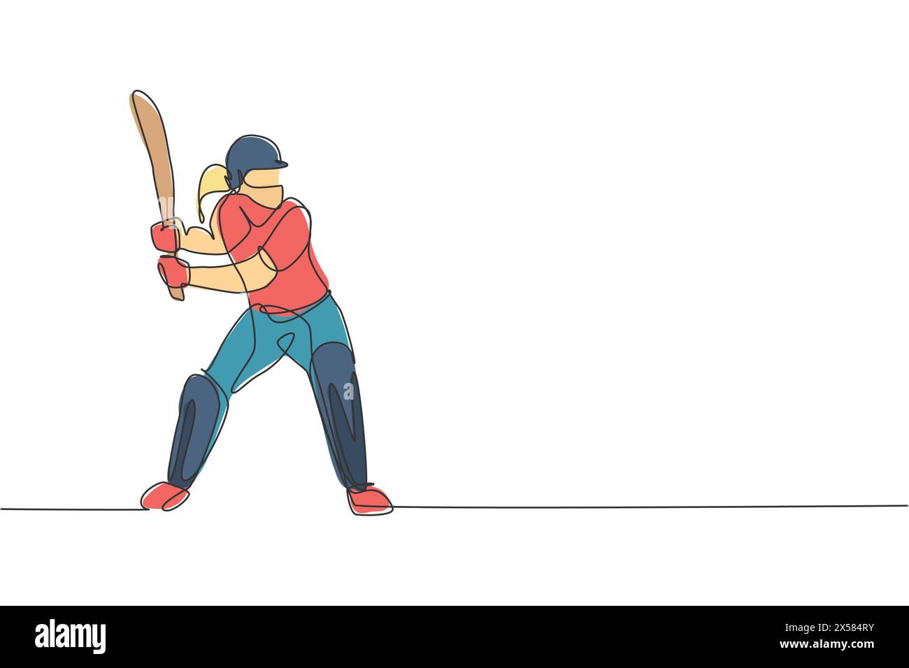 One single line drawing of young energetic woman cricket player stance ...