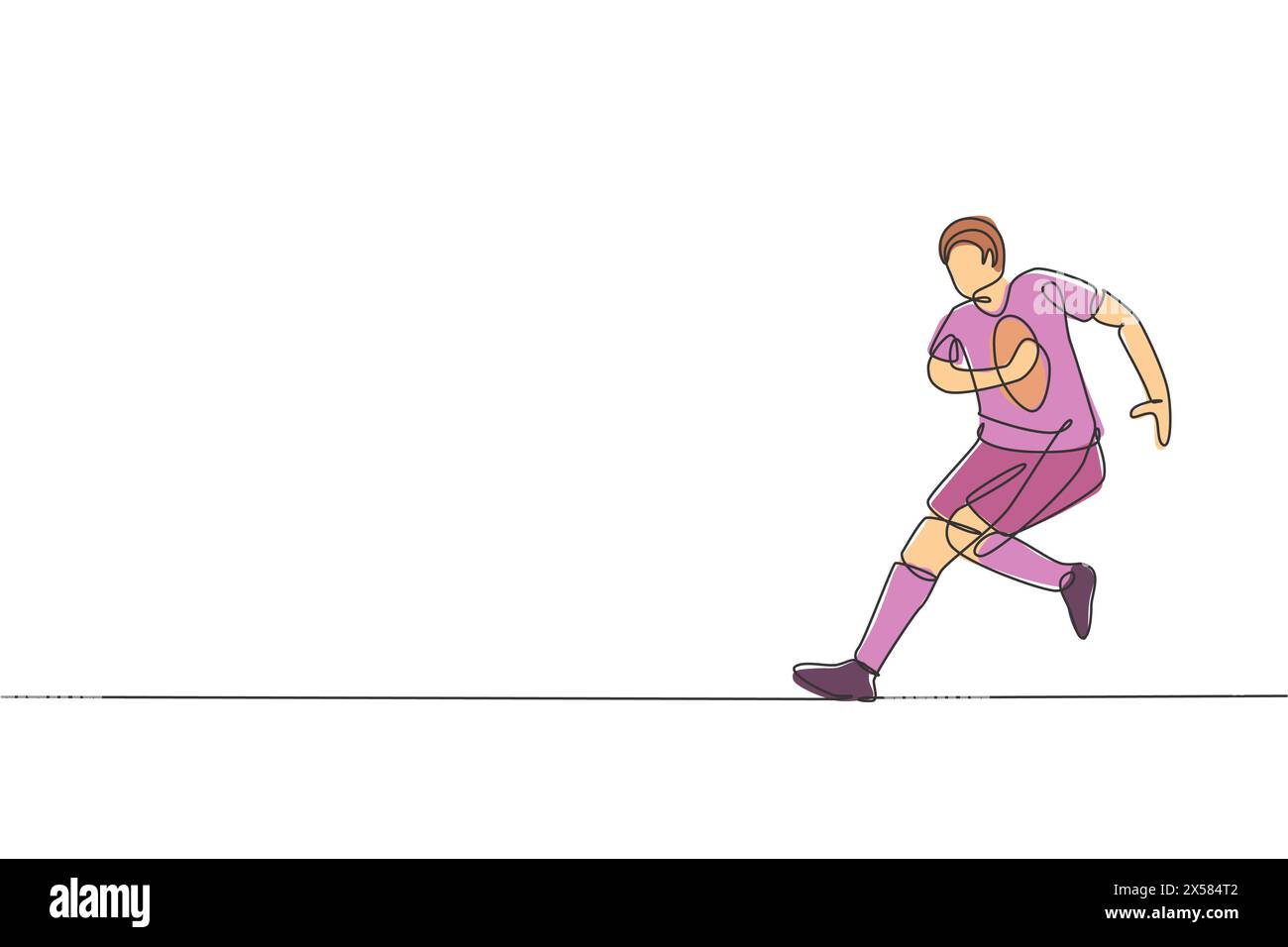 One single line drawing of young energetic rugby player training and practicing at field vector ...