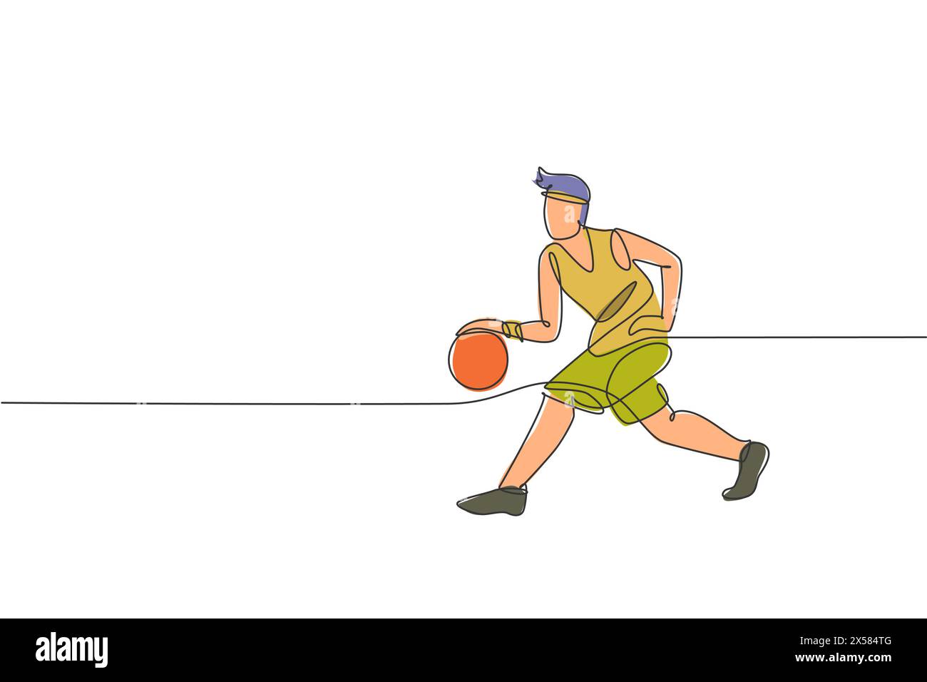 One continuous line drawing of young basketball player running and ...