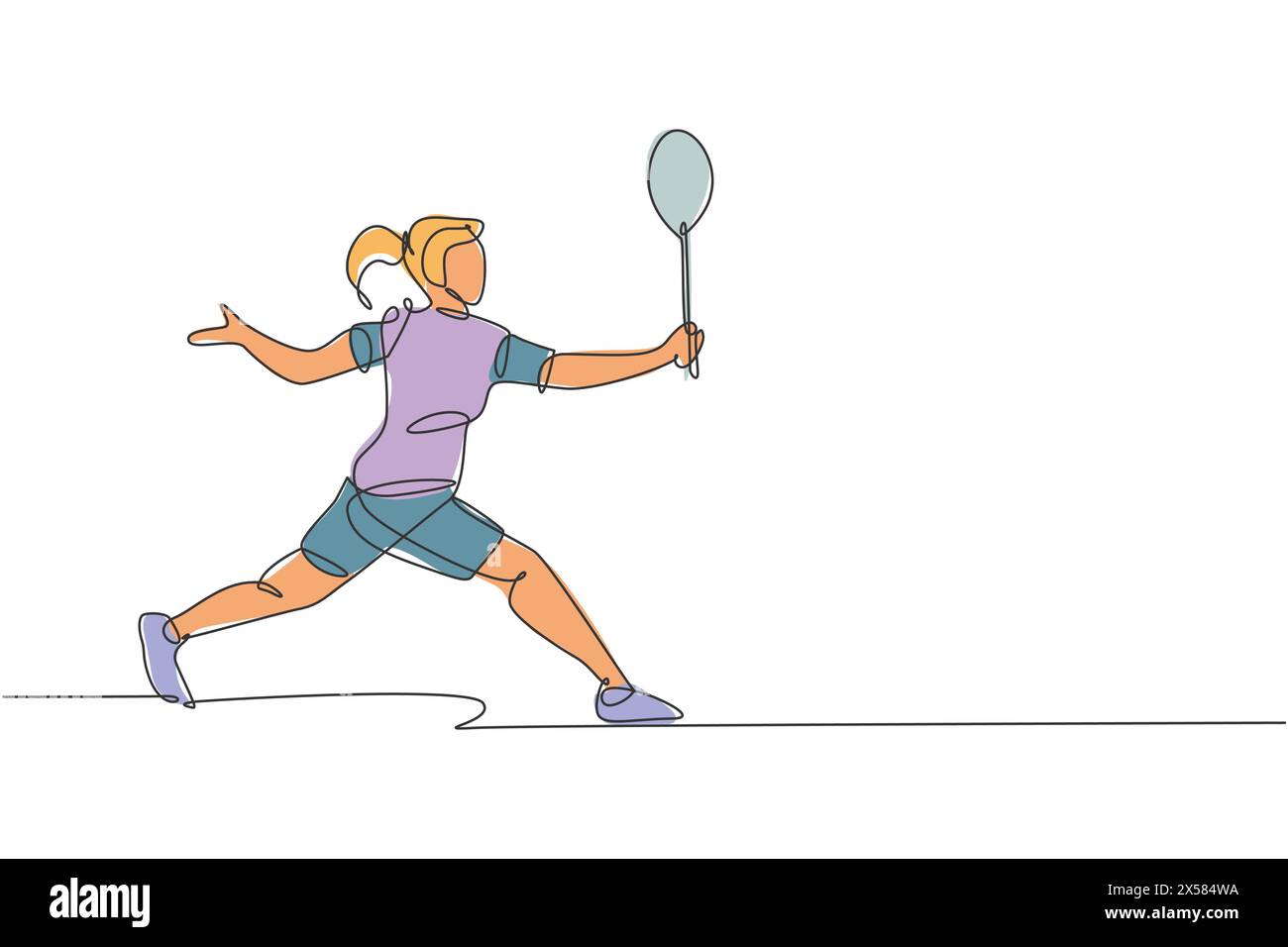 One single line drawing of young energetic badminton player defense to ...