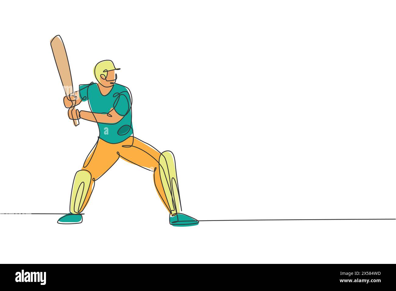One single line drawing young energetic man cricket player stance ...