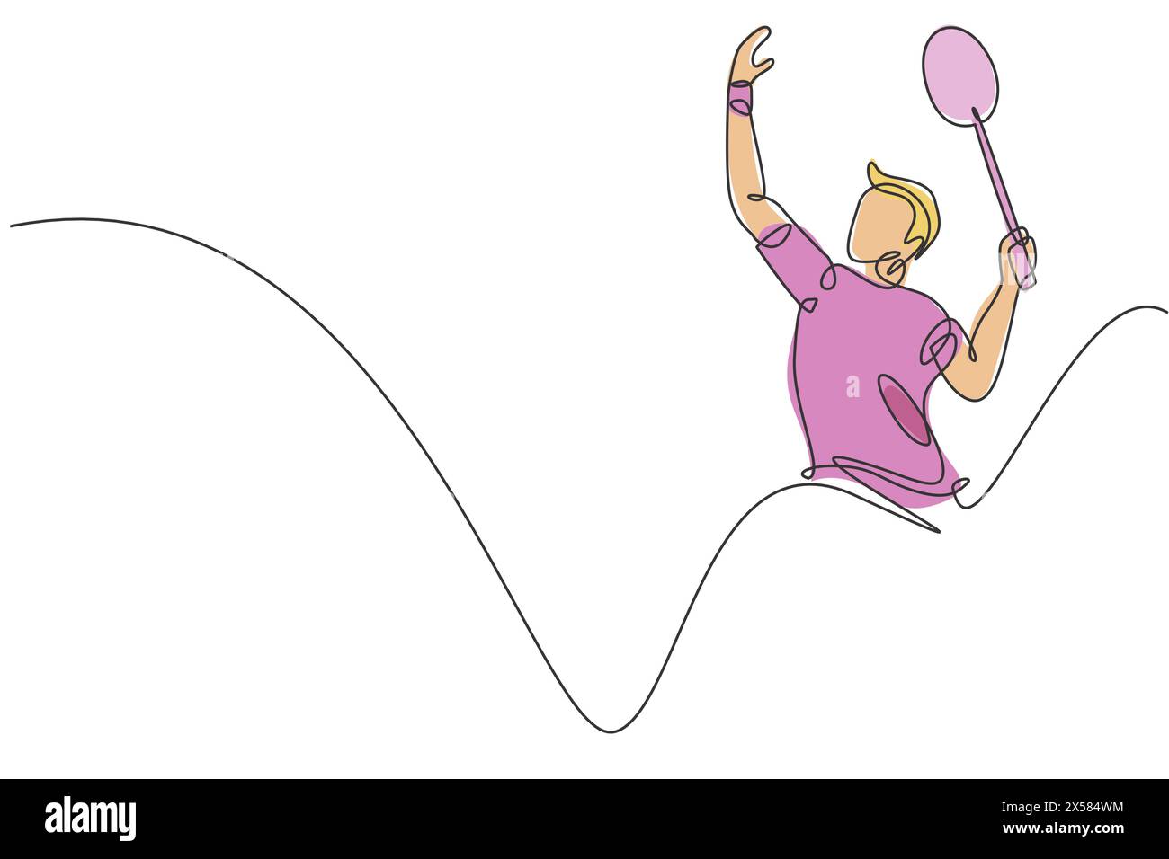 One single line drawing of young energetic man badminton player hit smashing shuttlecock vector ...