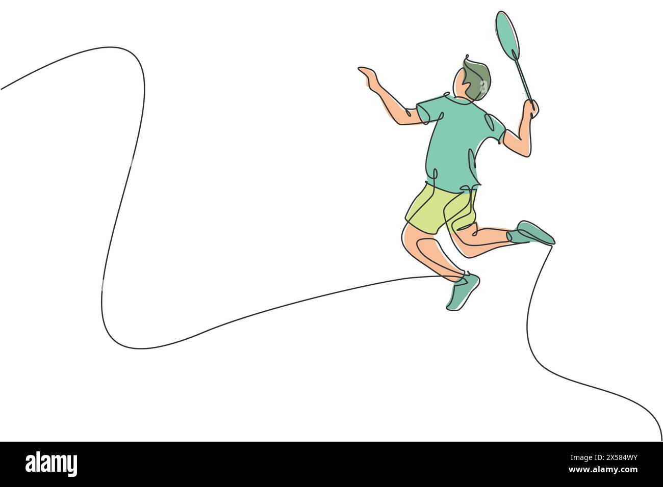 One single line drawing of young energetic badminton player jumping and ...