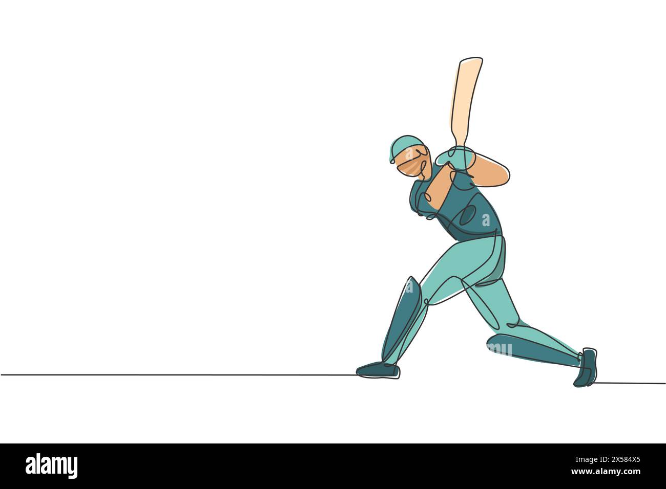 One single line drawing of young energetic man cricket player standing ...