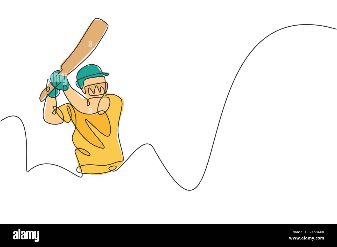 One single line drawing of young energetic man cricket player practice ...