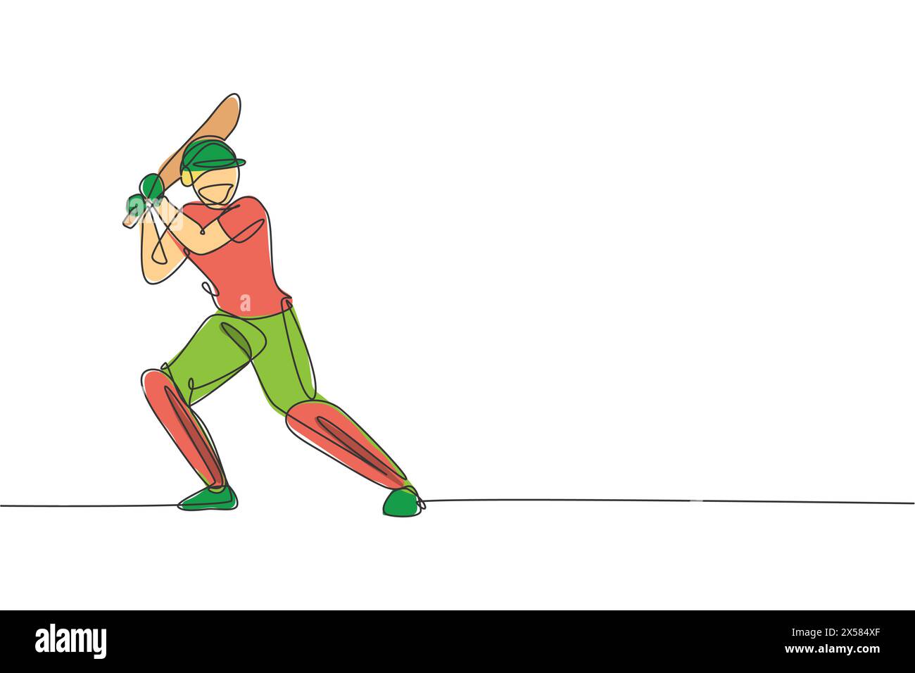 One continuous line drawing of young happy man cricket player standing ...