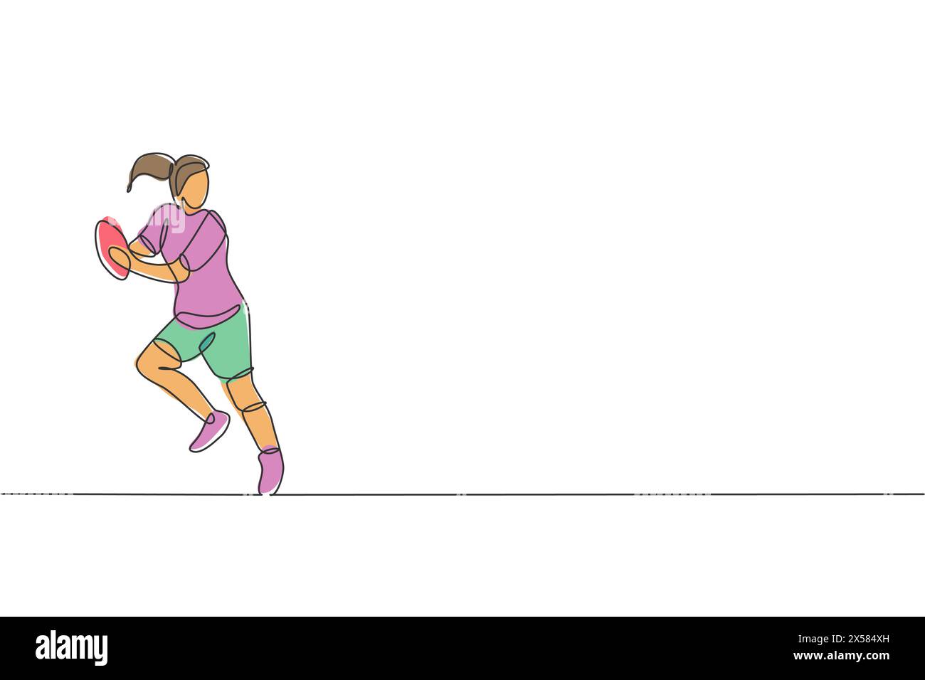 One single line drawing of young energetic rugby player holding the ball and avoid opponent ...