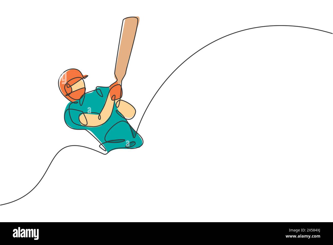 One continuous line drawing of young happy man cricket player focus to ...