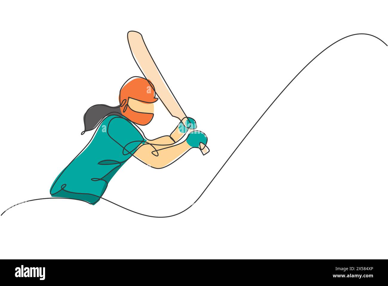 One continuous line drawing of young happy woman cricket player ...