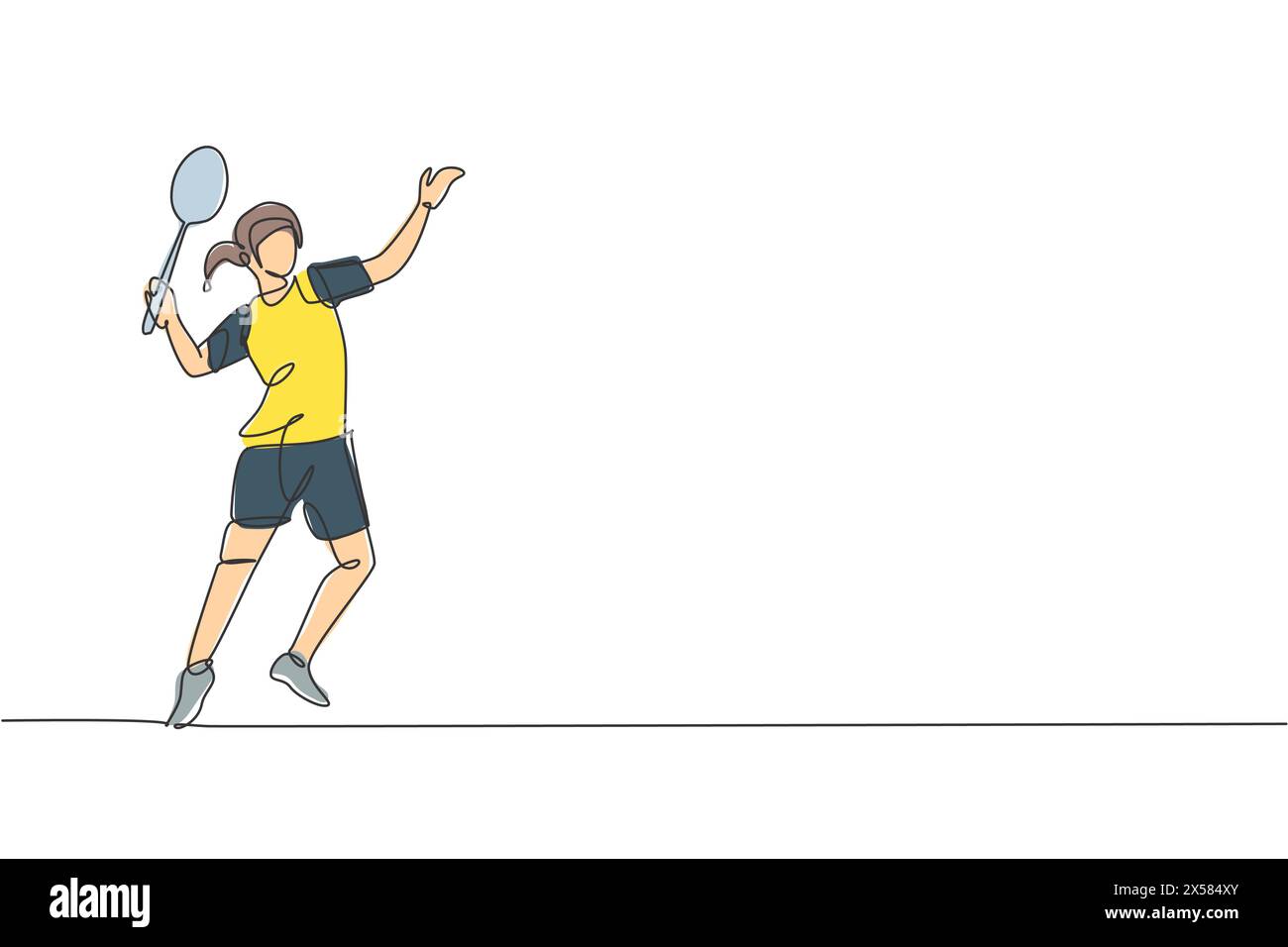 One single line drawing young energetic badminton player ready to hit ...