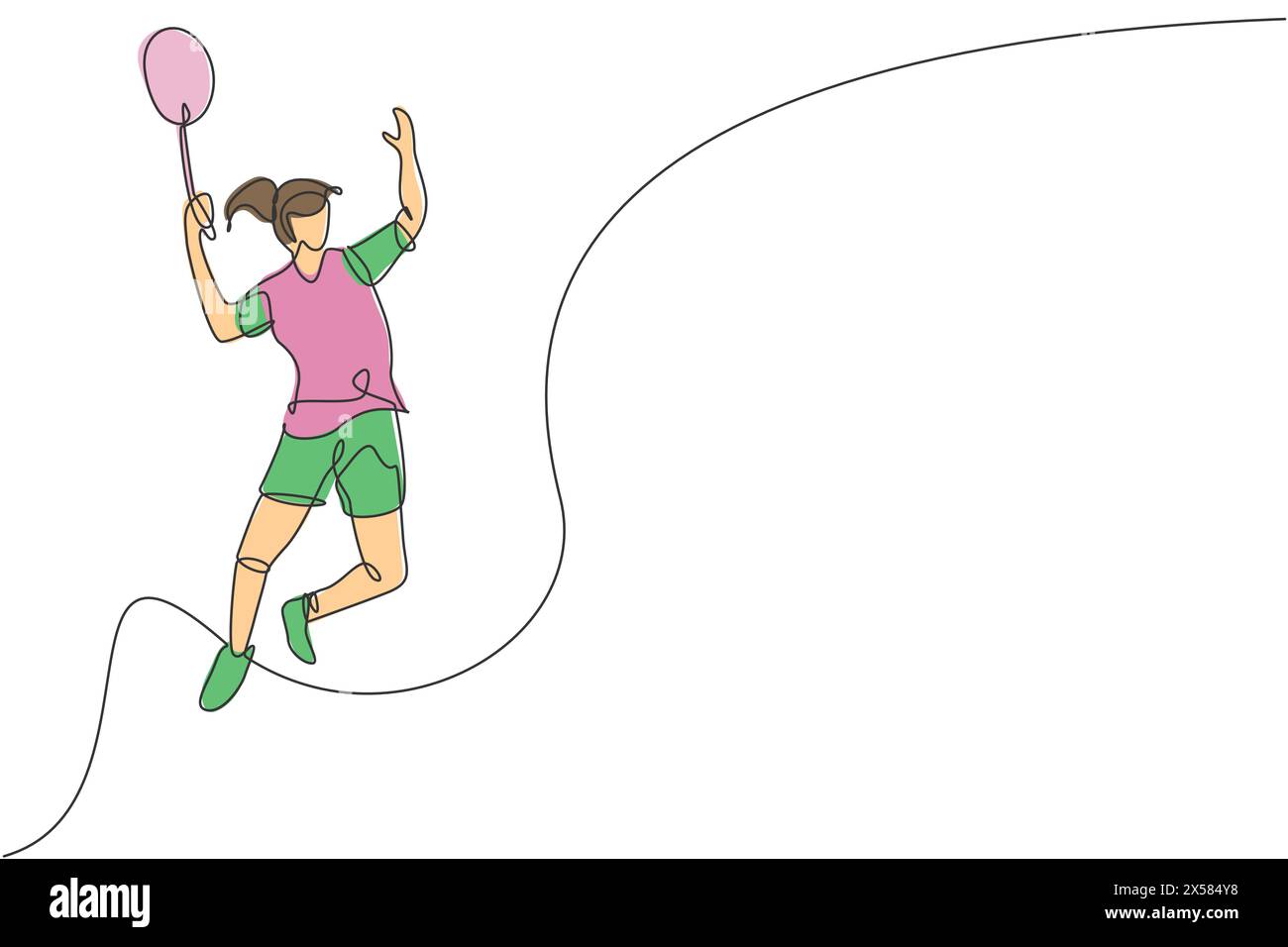 One continuous line drawing of young badminton player jump hit ...
