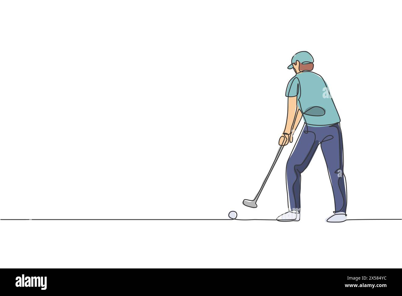One continuous line drawing of young golf player swing golf club and ...