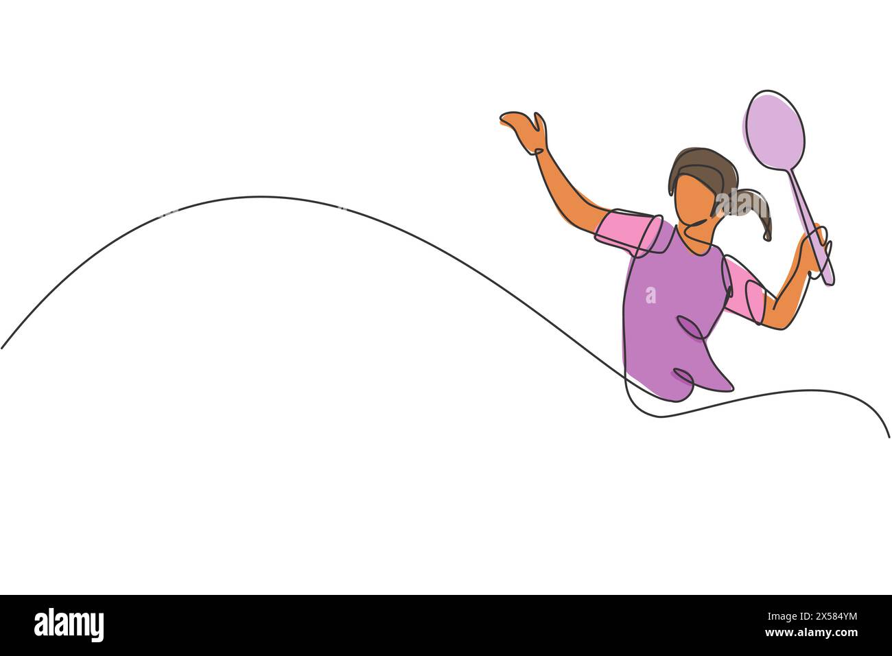 One single line drawing of young energetic badminton player jumping and ...