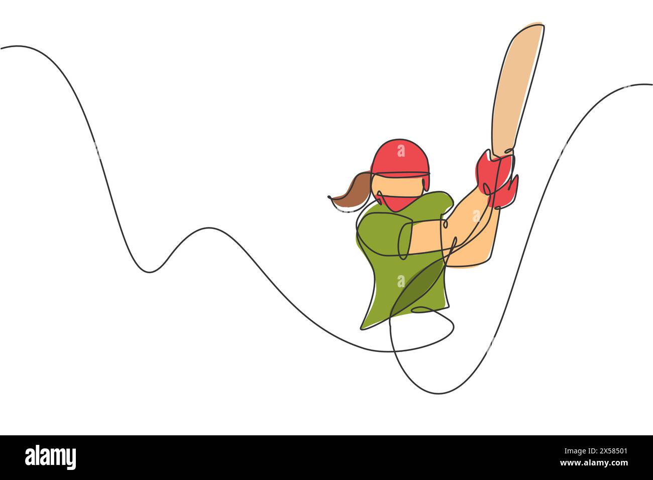 One single line drawing of young energetic woman cricket player hit the ...