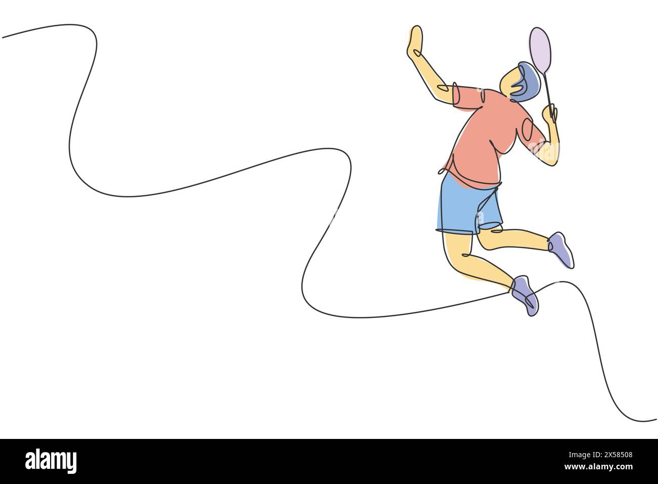 Single continuous line drawing of young agile badminton player jump hit ...