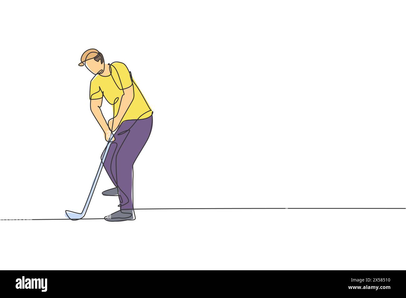 One continuous line drawing of young golf player swing golf club and ...