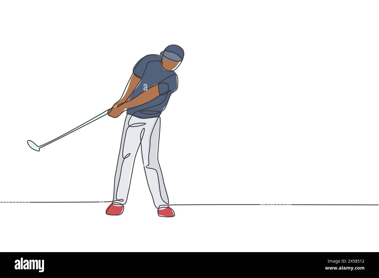 One continuous line drawing of young golf player swing golf club and ...