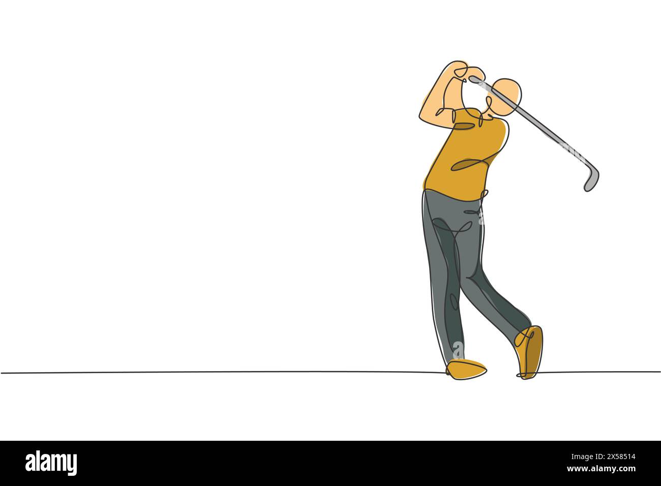 One single line drawing of young sporty golf player hit the ball using ...