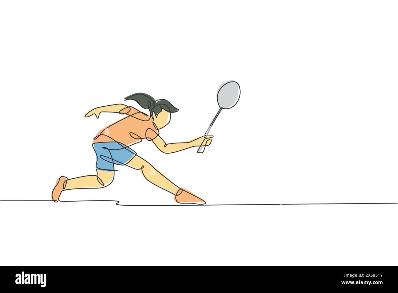 One single line drawing of young energetic badminton player defense ...