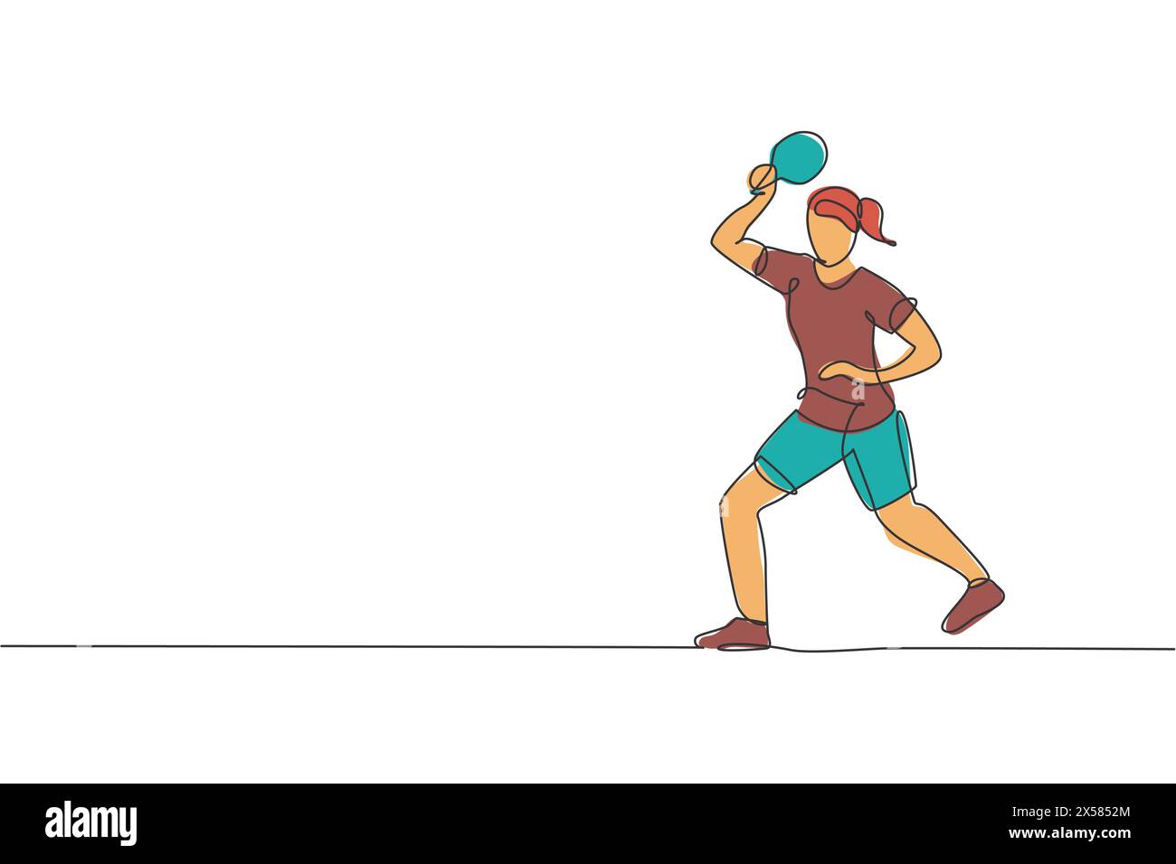 One continuous line drawing of young woman table tennis player turn the ...