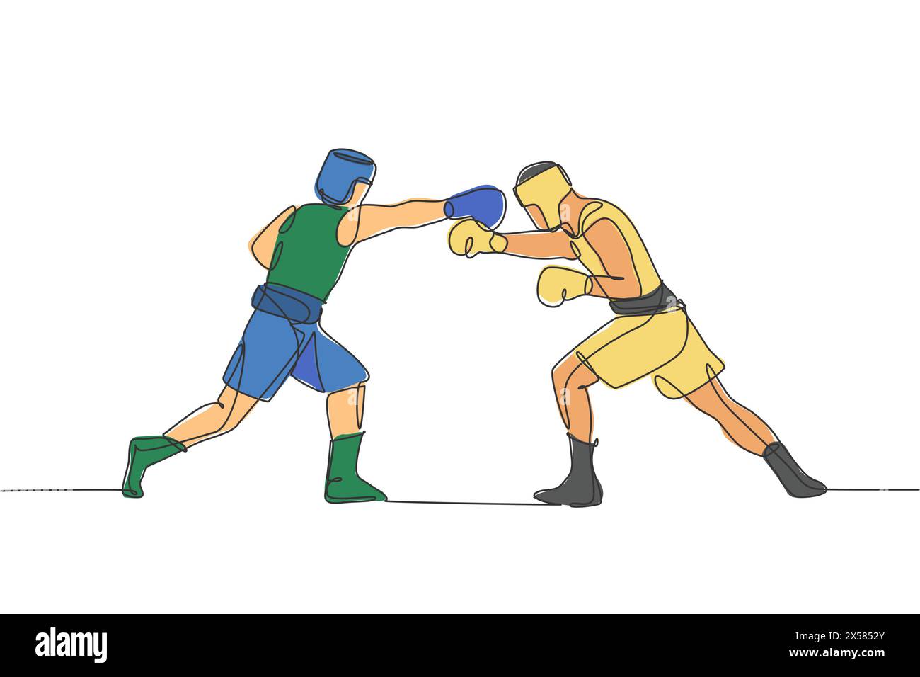 One single line drawing of two young energetic men boxer attack each ...