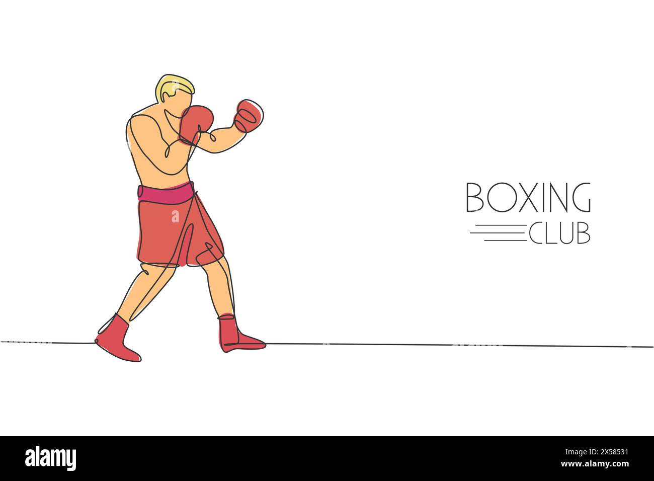 One continuous line drawing of young sporty man boxer improve defense ...