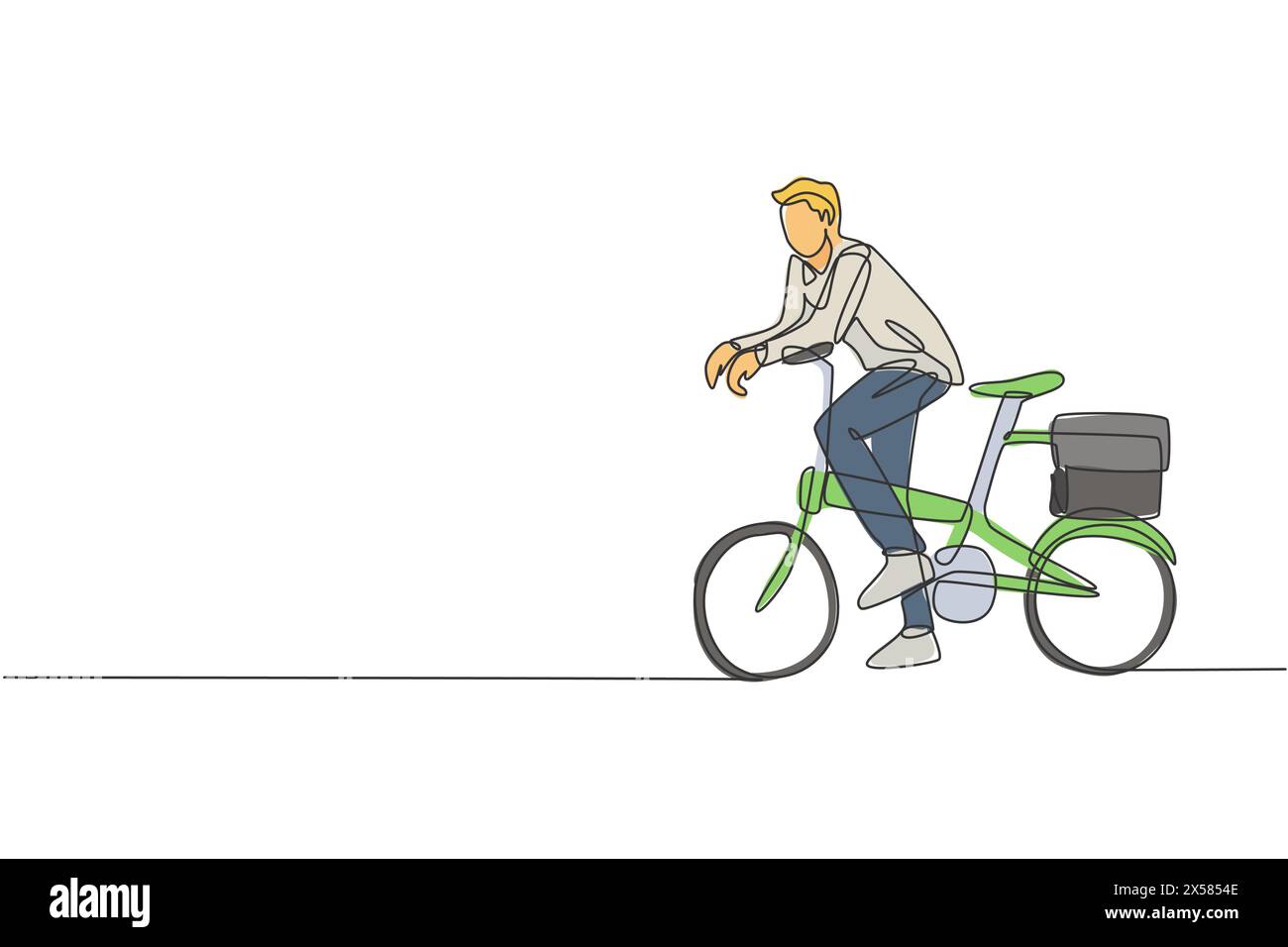 One continuous line drawing of young professional manager man cycling ...