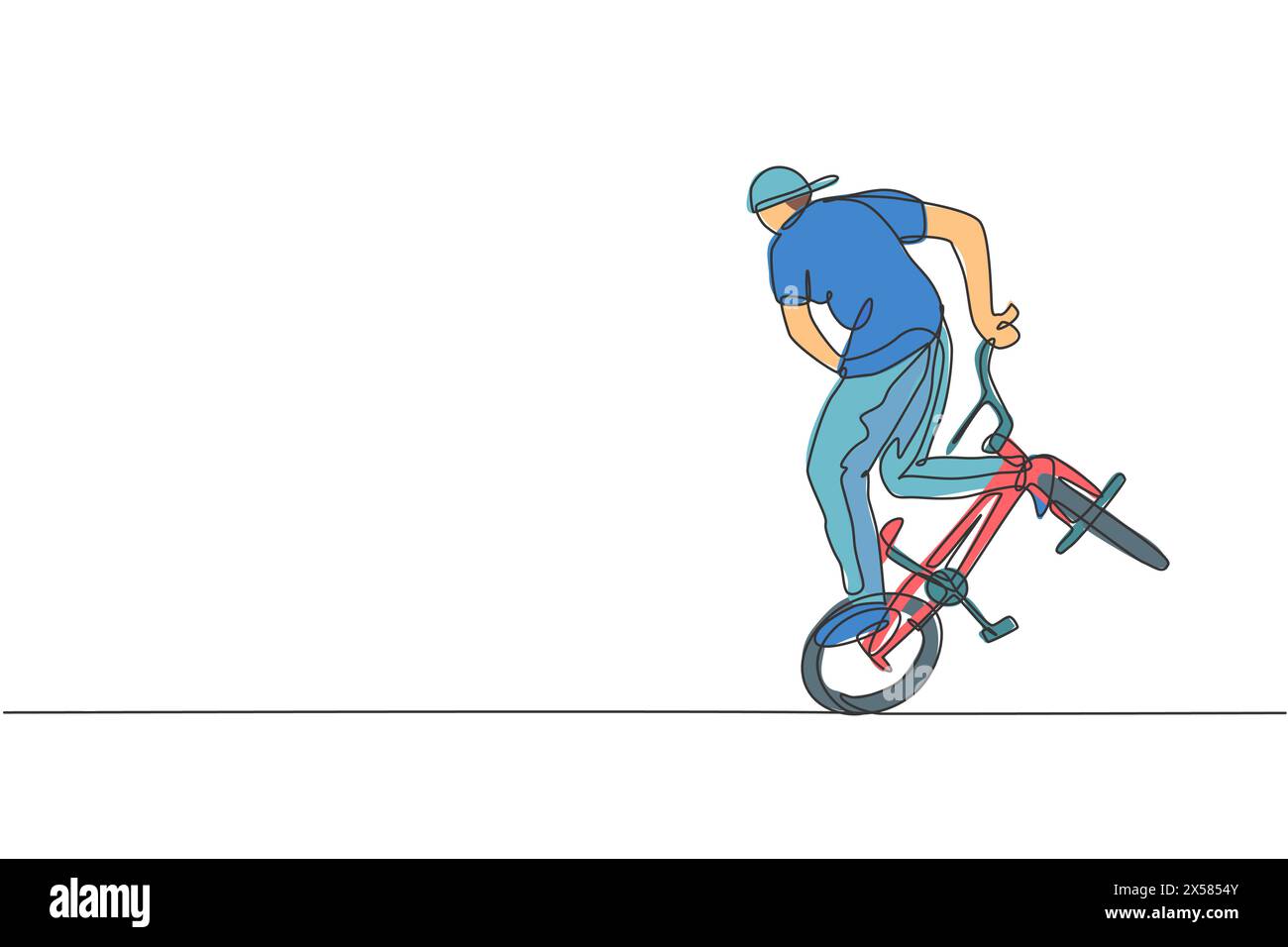 One single line drawing of young bmx bicycle rider performing freestyle ...