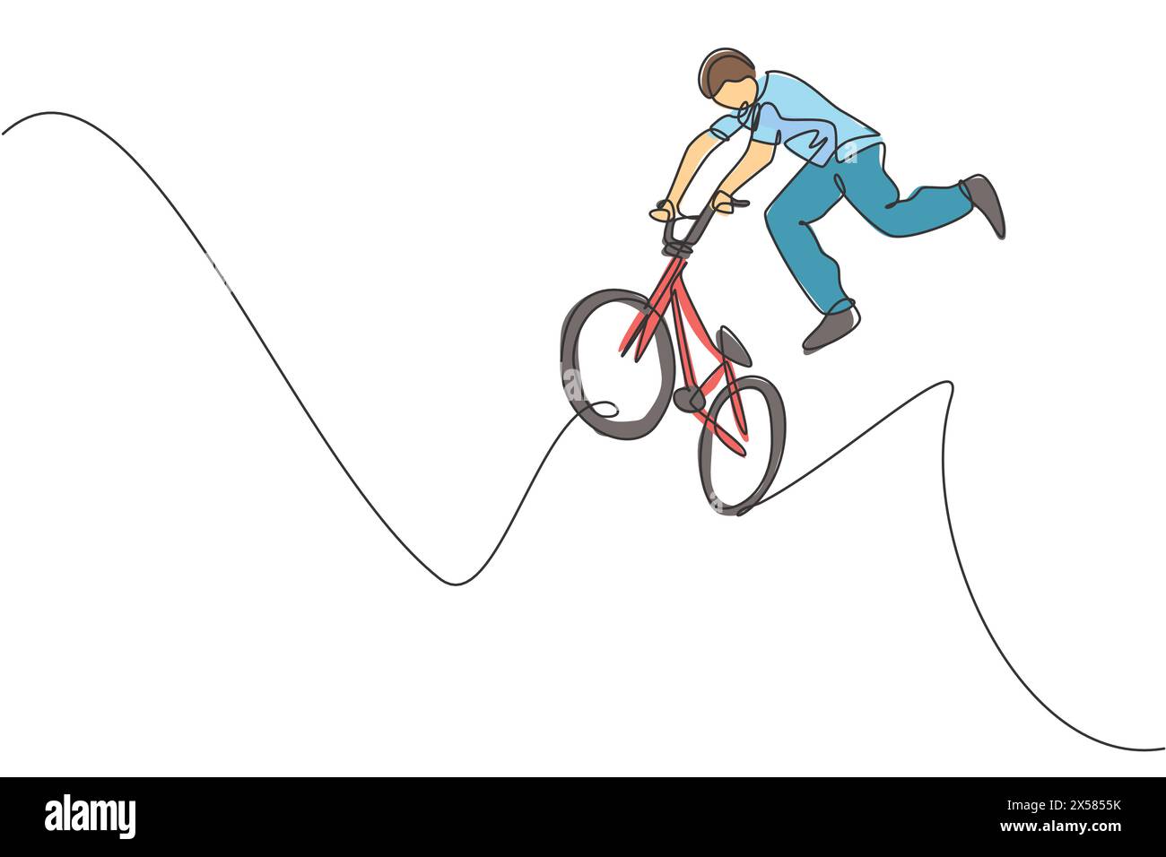 Single continuous line drawing of young BMX cycle rider show jumping ...