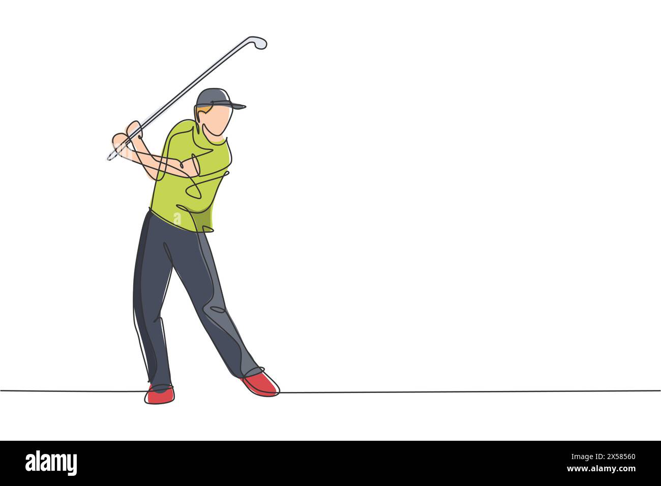 Single continuous line drawing of young happy golf player swing the ...