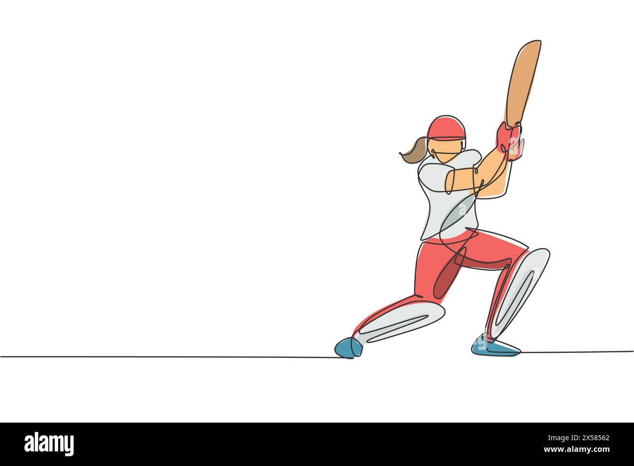 One continuous line drawing of young happy woman cricket player focus ...